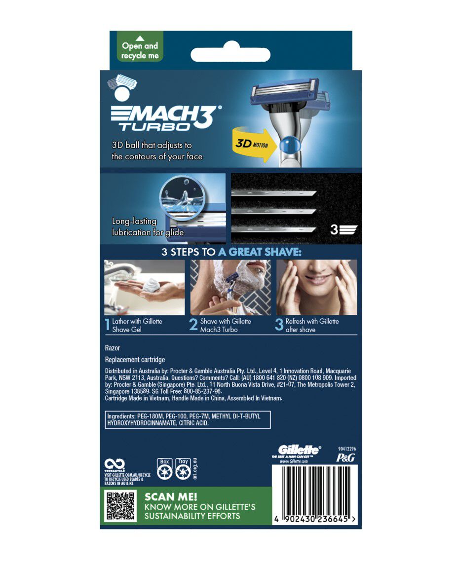Gillette | Mach3 Turbo 3D Razor with Blades Refill 2 Pack | Shaver Shop
